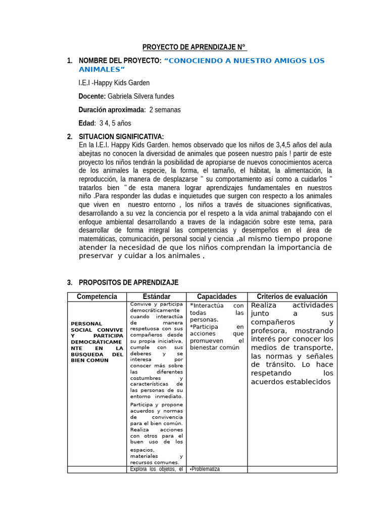 Proyecto de Aprendizaje Los Animales | PDF | Aprendizaje