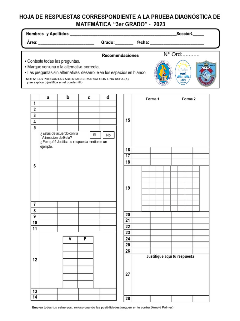 Hoja de Respuestas Prueba Matemática 3er Grado | PDF