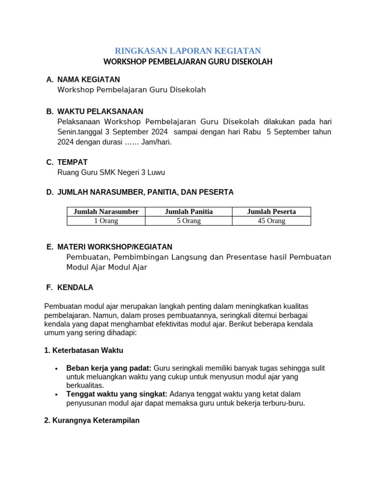 LAPORAN KEGIATAN Workshop Pembelajaran Guru Disekolah | PDF