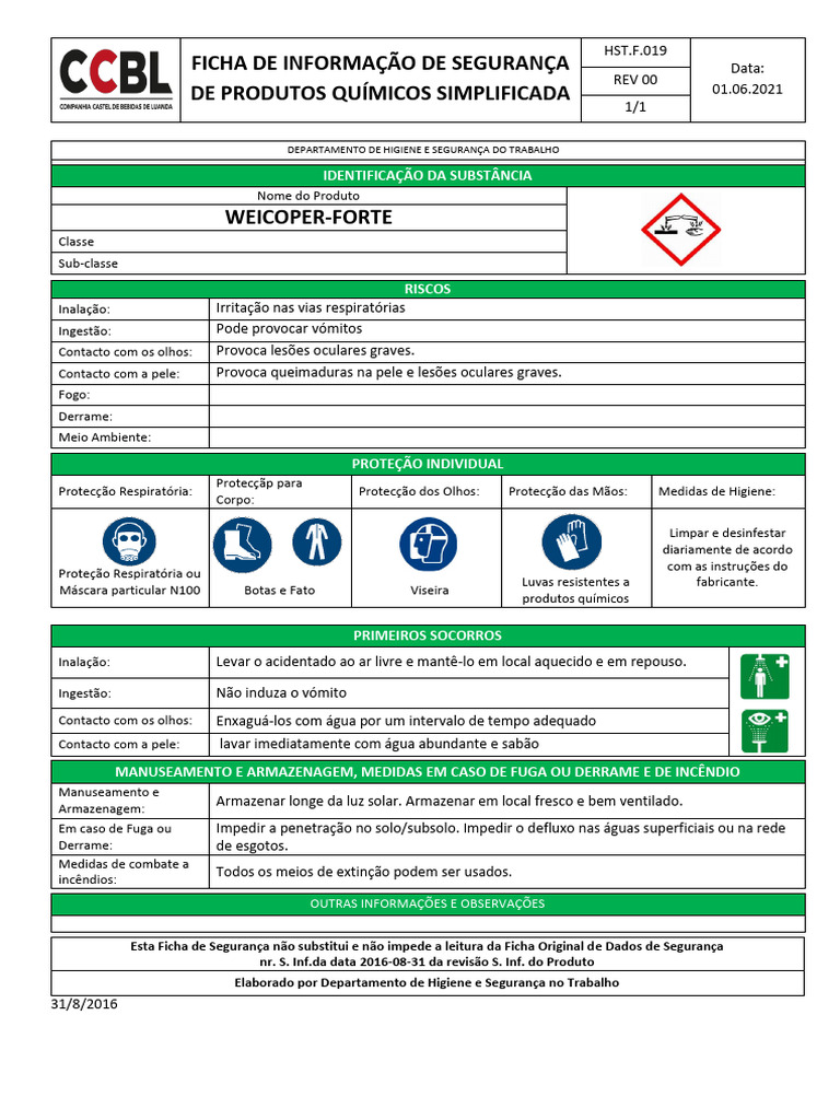 Ficha de Segurança: WEICOPER-FORTE | PDF | Queimadura