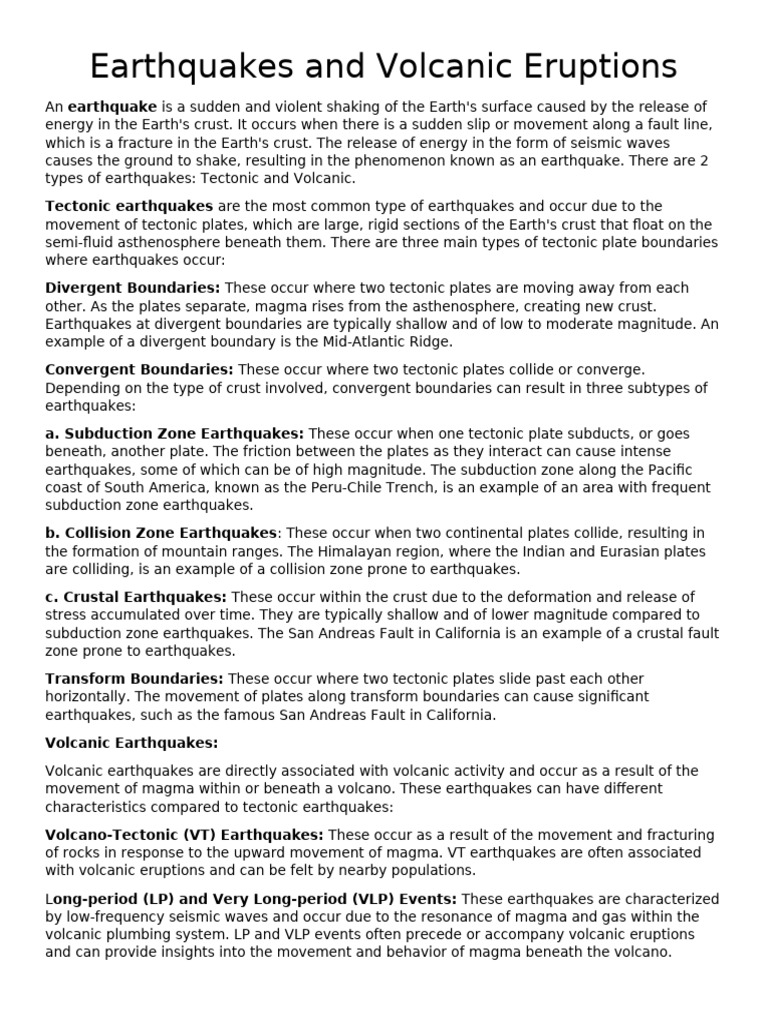 Earthquakes and Volcanic Eruptions | PDF | Earthquakes | Plate Tectonics