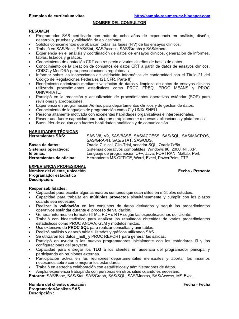 Desarrollador SAS - Ejemplo de Currículum - CV | PDF | Sas (software) | SQL
