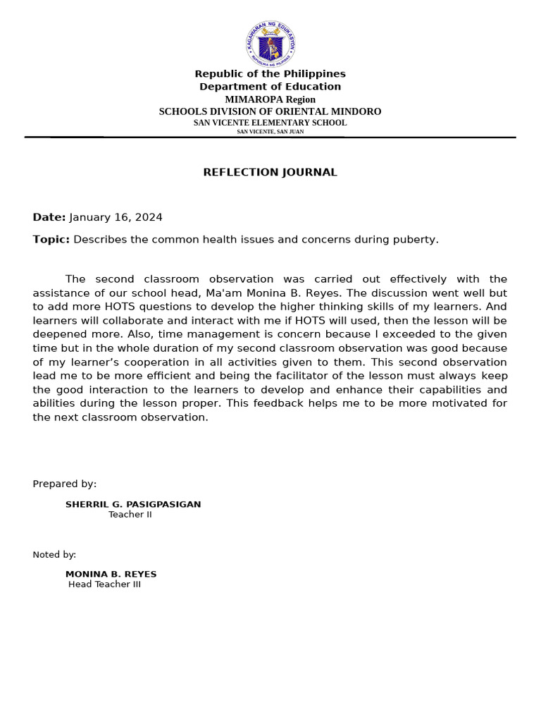 Cot 2 Health 5-Reflection Journal | PDF