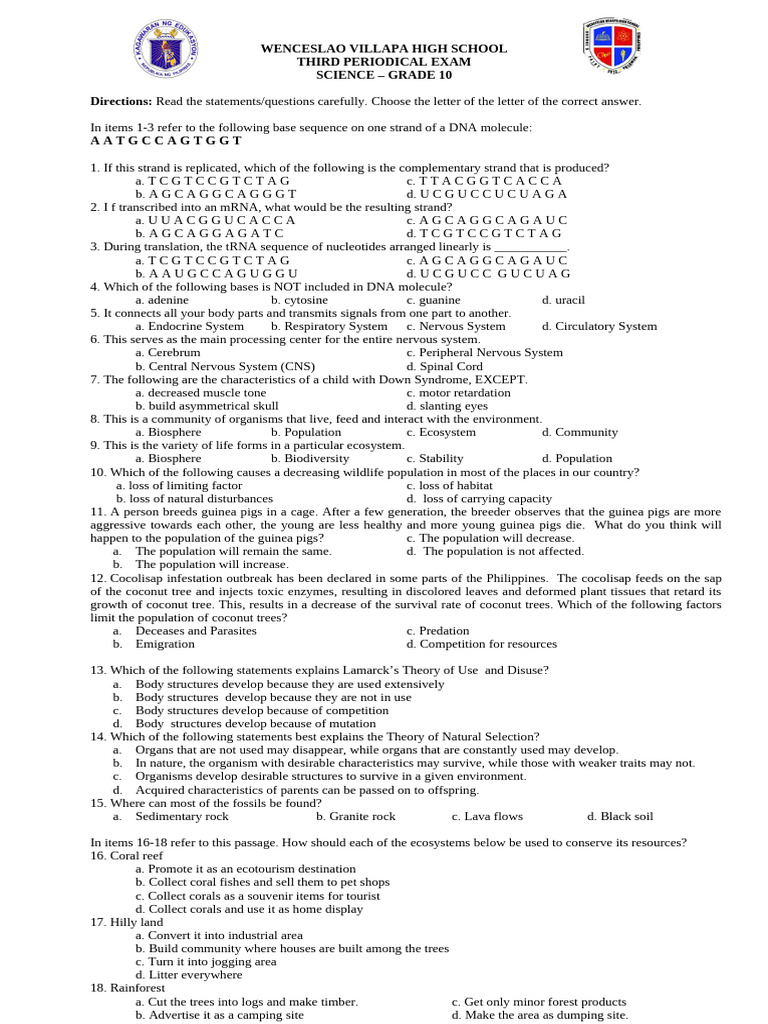 3RD SCIENCE 10 EXAM | PDF | Nucleic Acid Sequence | Biochemistry