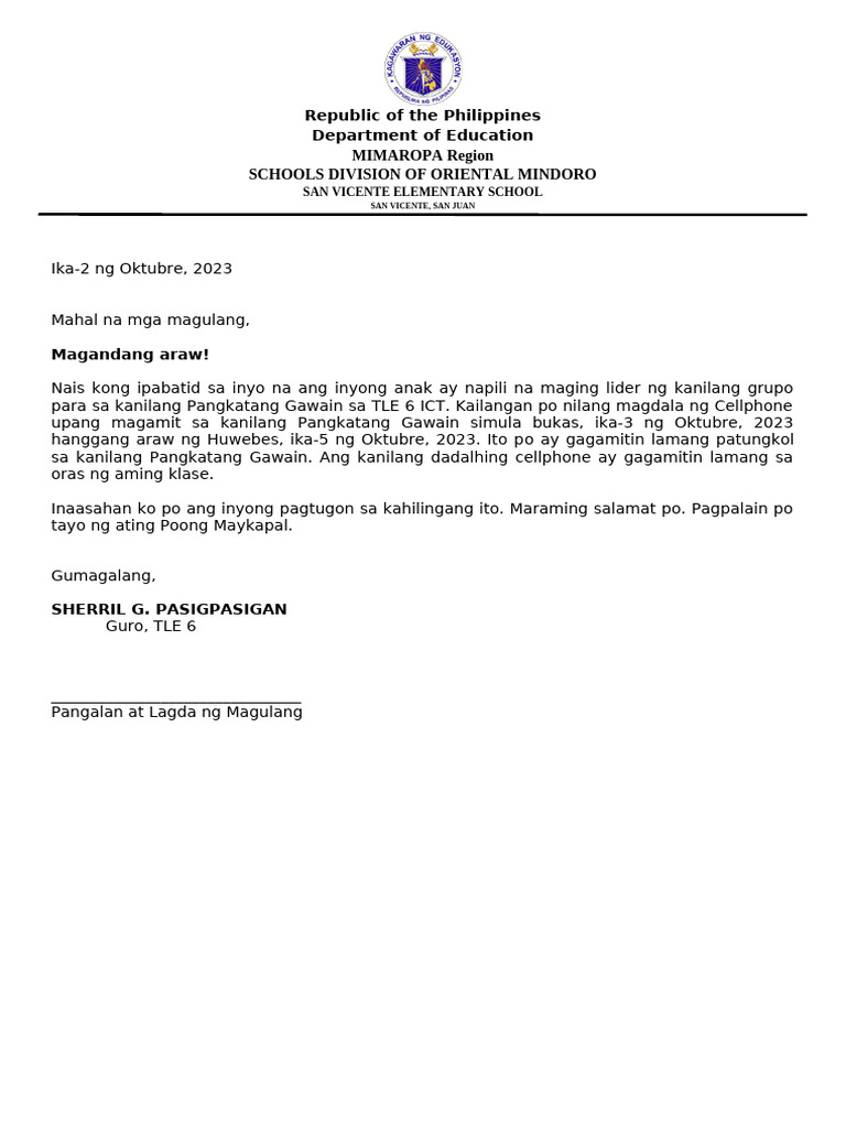 LETTER SA MAGULANG PARA SA TLE 6 ICT | PDF
