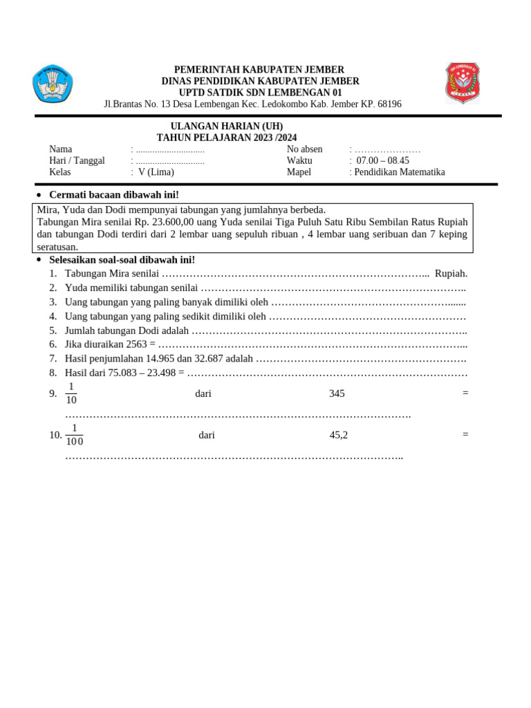 Soal PH MTK Kelas 5 SM 1 | PDF