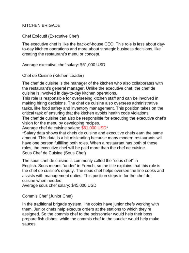 KITCHEN BRIGADE | PDF | Chef | Garde Manger