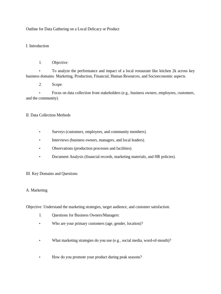 Outline For Data Gathering On A Local Delicacy or Product | PDF ...