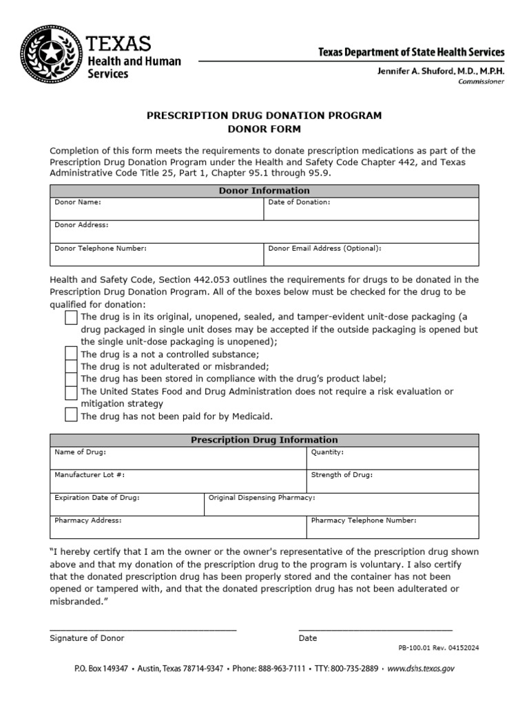 Prescription Drug Donation Program Donor Form 04-15-2024 | PDF