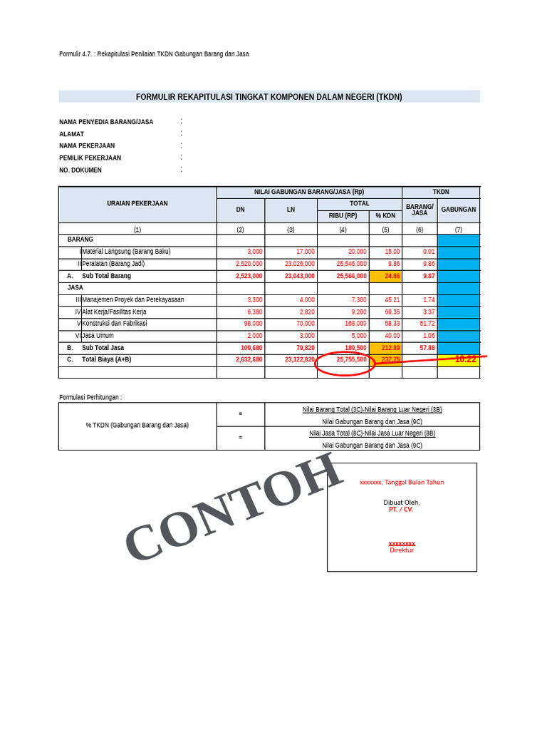 Form Contoh Perhitungan TKDN (KemenPerin) Ok | PDF