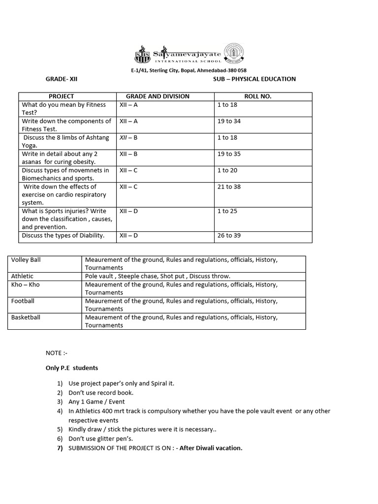 Grade XII Physical Education Project Guidelines | PDF