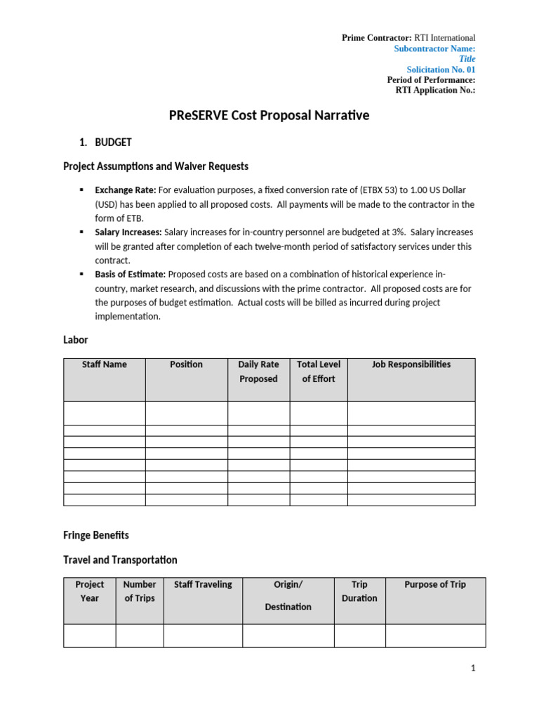 Budget Narrative Cost Proposal | PDF | Budget | Employment