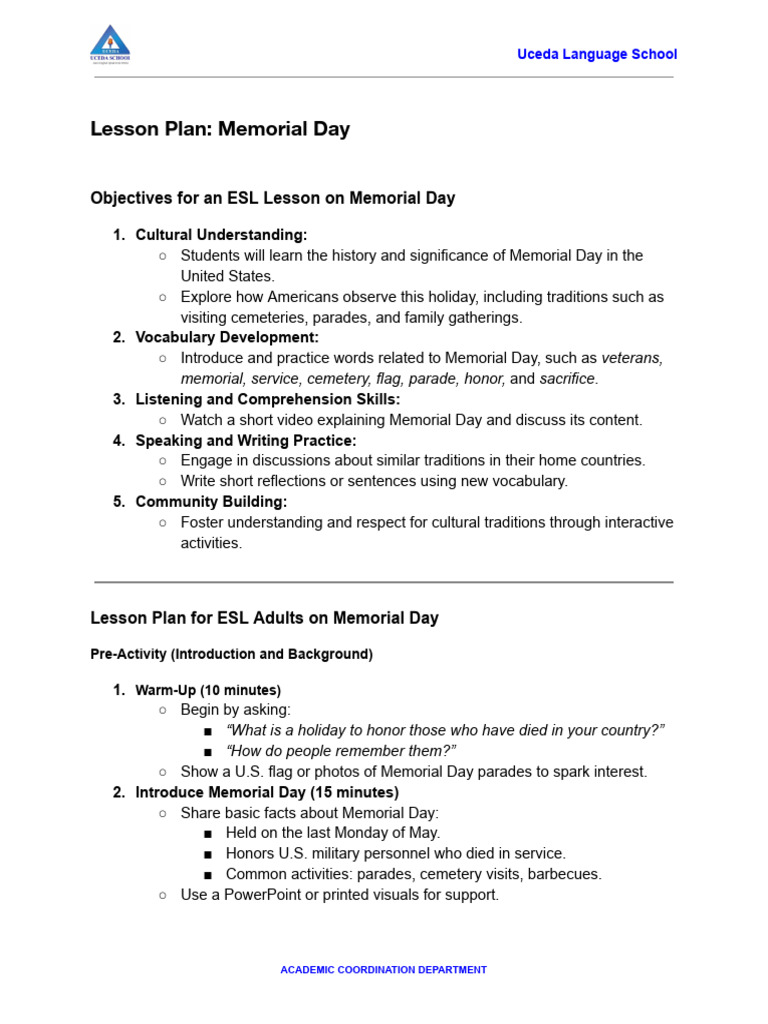 Evening Term 3 Activity 1 - Lesson Plan - ESL Class Memorial Day | PDF ...