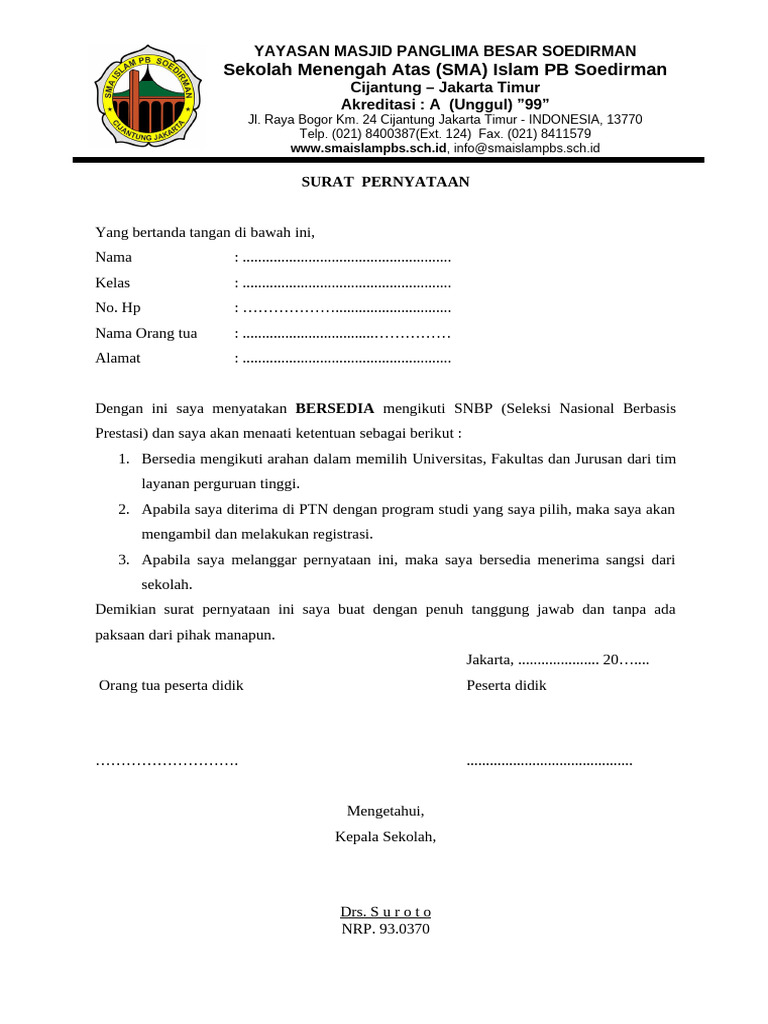 Contoh Surat Pernyataan SNBP | PDF