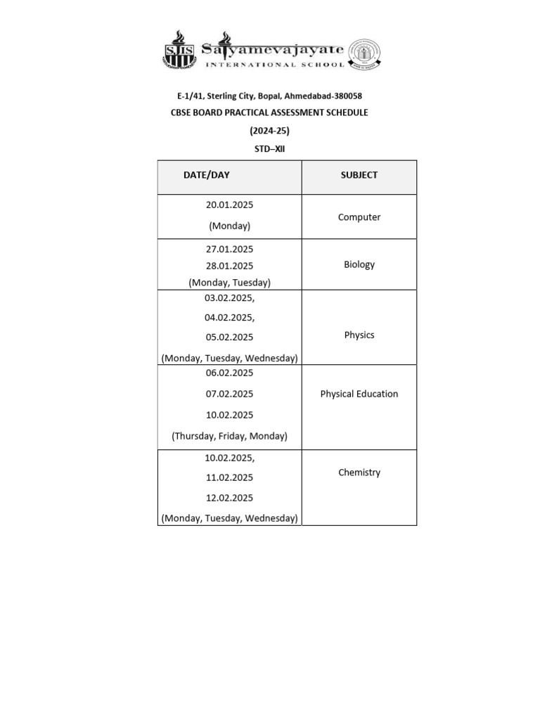 STD Xii Board Practical Exam Schedule 2024-25 | PDF
