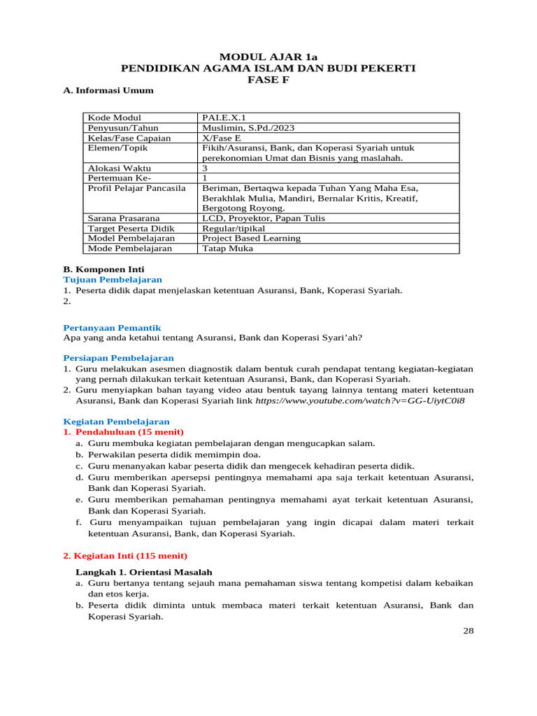 Modul Ajar Pai Sma Kelas X Bab 4 - Asuransi Bank Koperasi | PDF