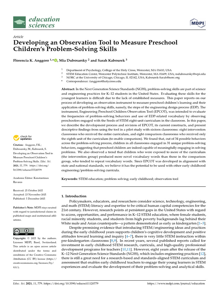 Anggoro et al., 2021 Developing an Observation Tool to Measure Preschool Children’s Problem ...