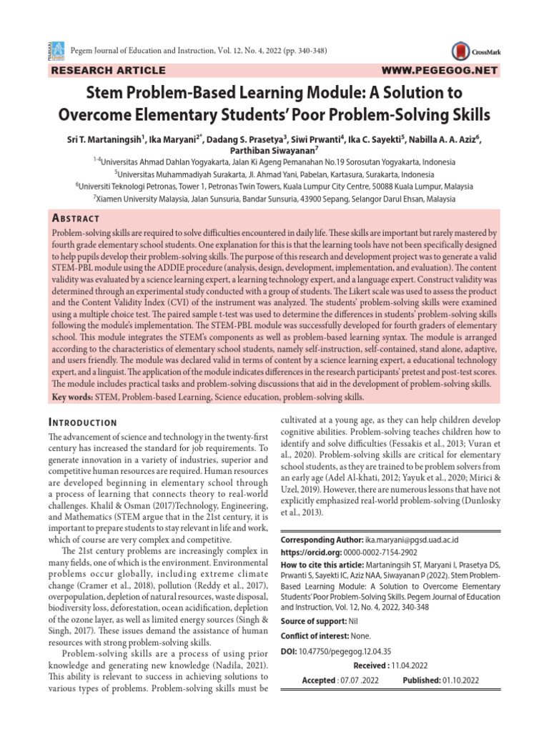 Stem Problem-Based Learning Module: A Solution To Overcome Elementary Students' Poor Problem ...