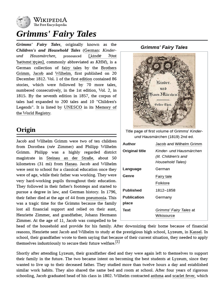 Grimms' Fairy Tales Overview and History | PDF | Grimms' Fairy Tales ...
