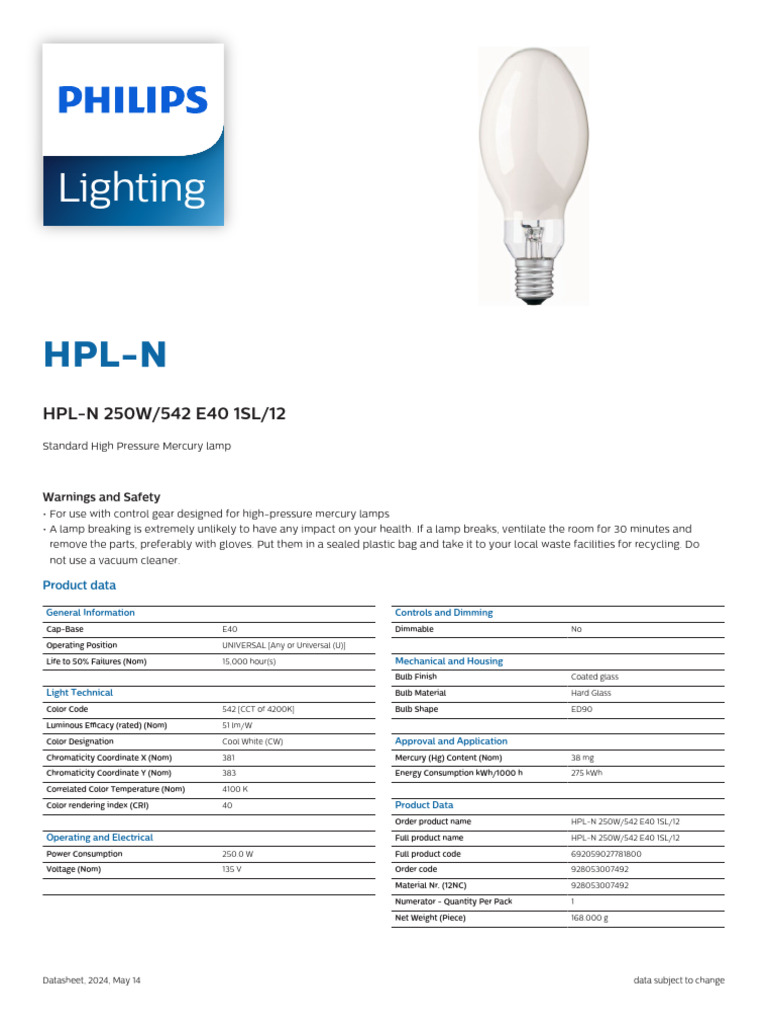 HPL-N 250W E40 | PDF | Lighting | Light