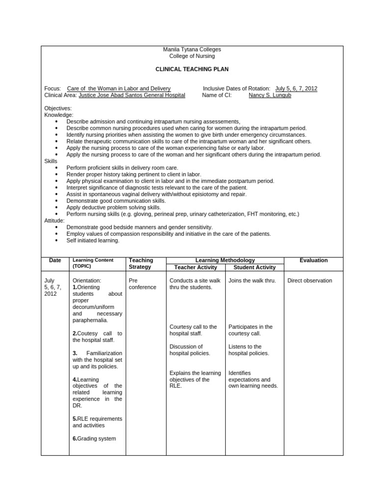 Clinical Teaching Plan Format | PDF | Childbirth | Nursing