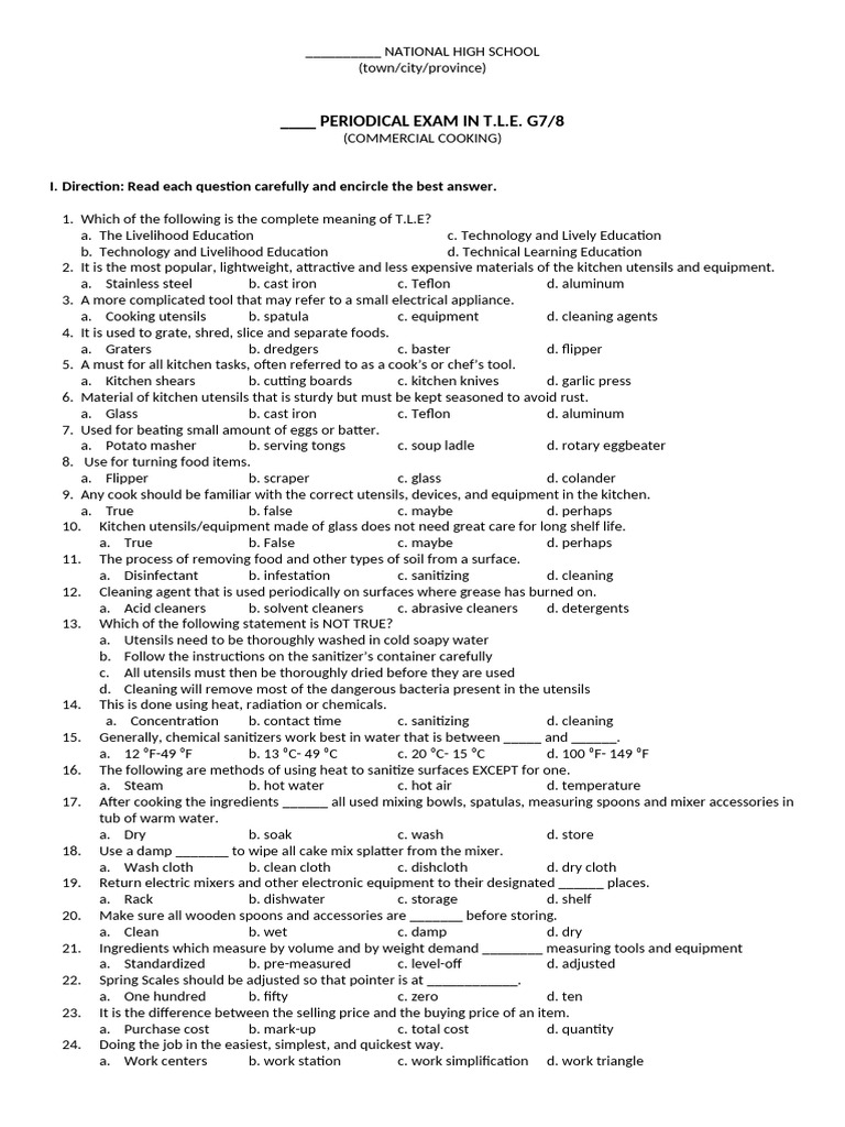 G7/8 T.L.E. Commercial Cooking Exam | PDF | Kitchen Utensil | Kitchen