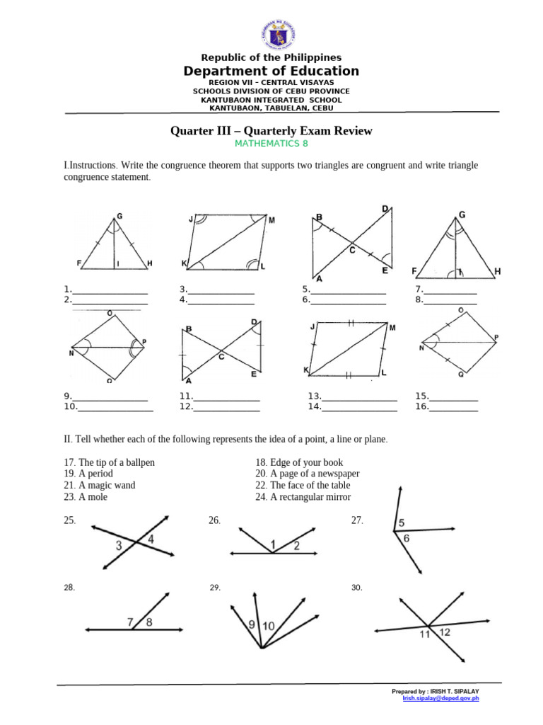 Q3 MATHEMATICS 8 -REVIEW | PDF | Euclidean Plane Geometry | Euclid