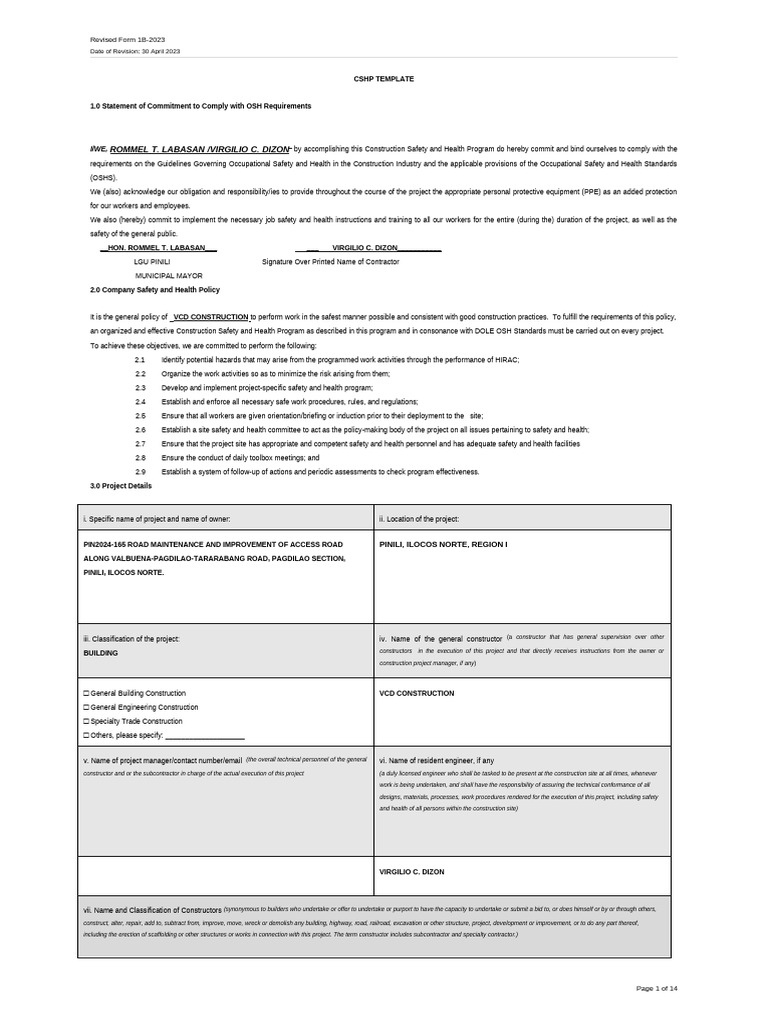 Form1B Updated CSHP Template 2 | PDF | Occupational Safety And Health ...
