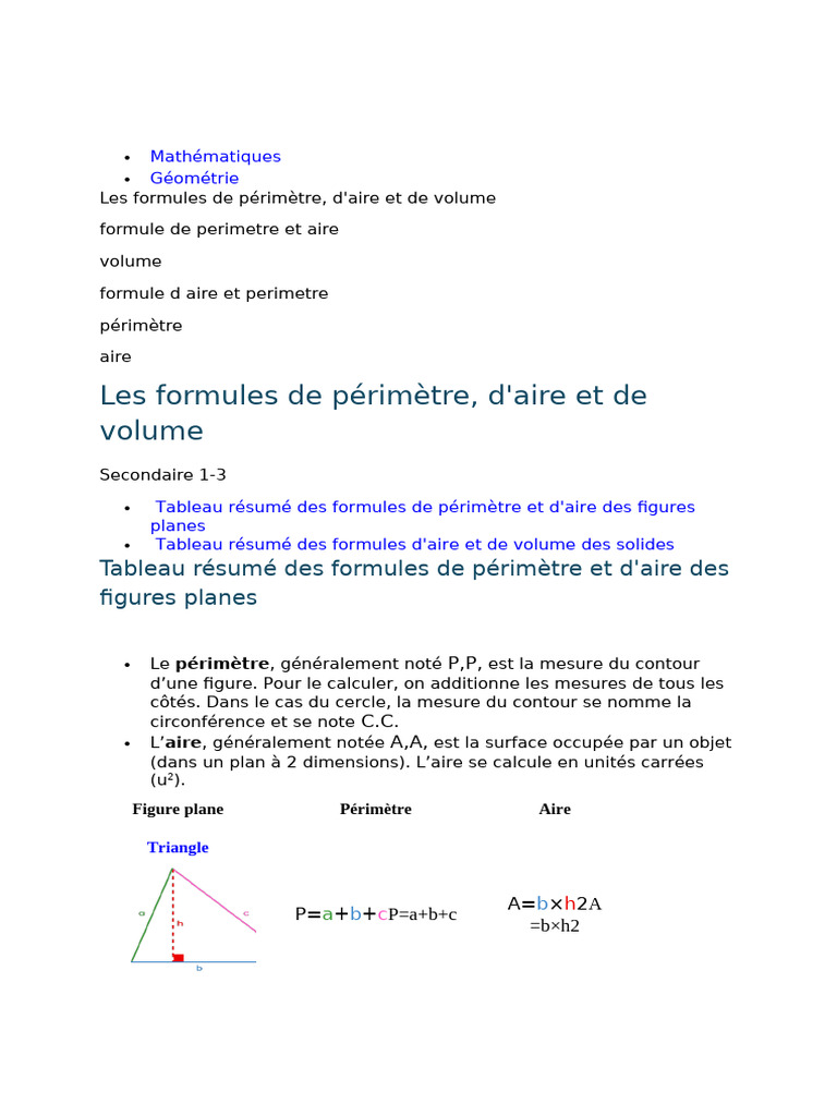 Formules d'aire et périmètre des figures | PDF | Zone | Le volume