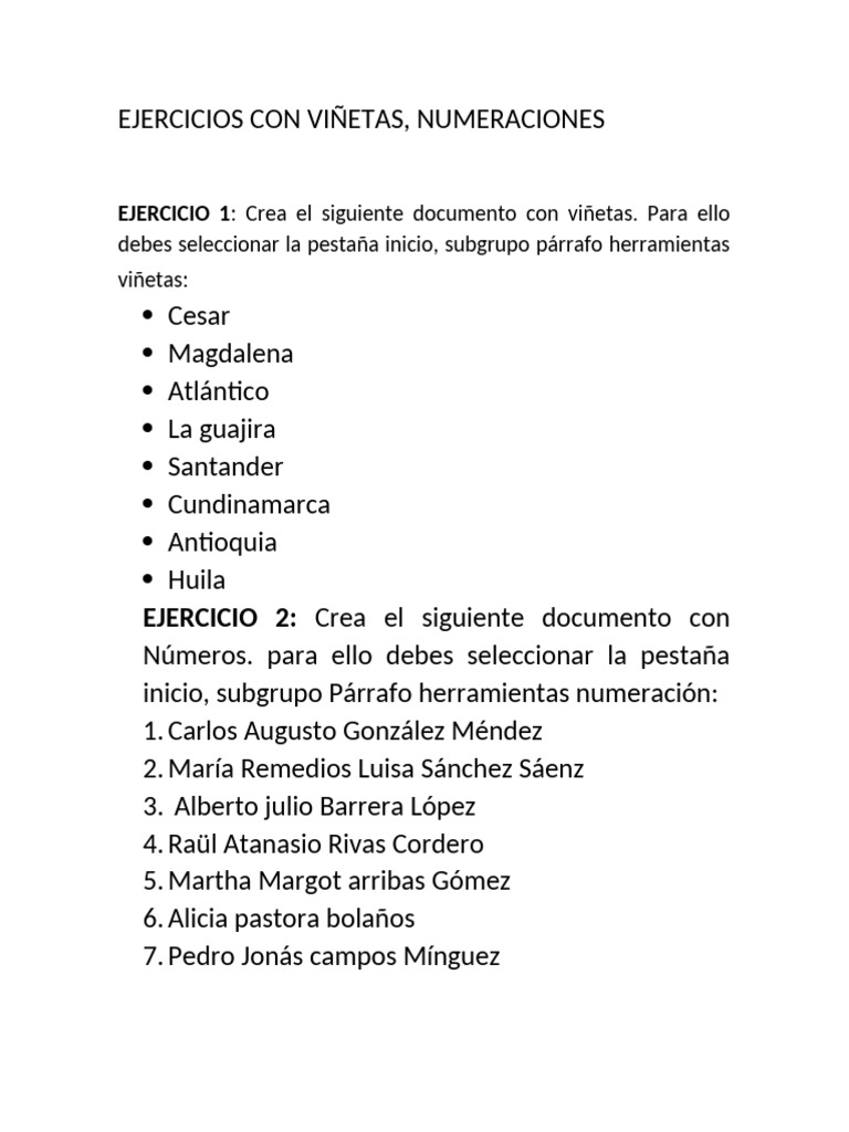 Ejercicios de Viñetas y Numeración | PDF