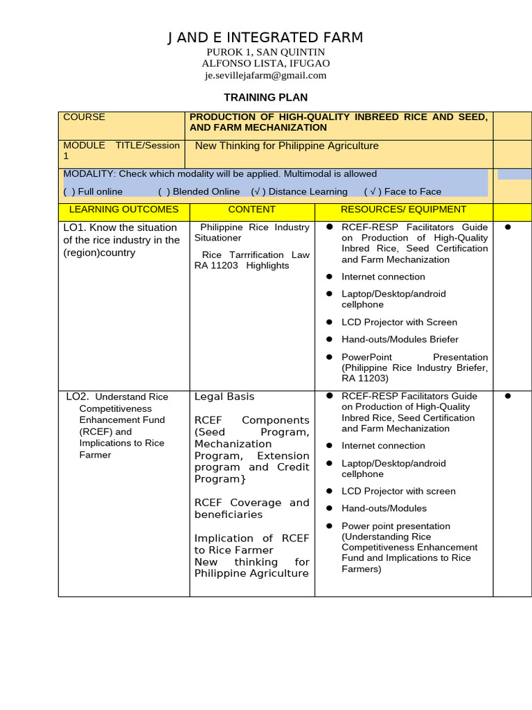 FL Training Plan FFS JE Farming School | PDF | Rice | Harvest