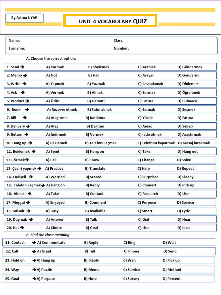 Unit 4 Vocabulary Quiz and Answers | PDF