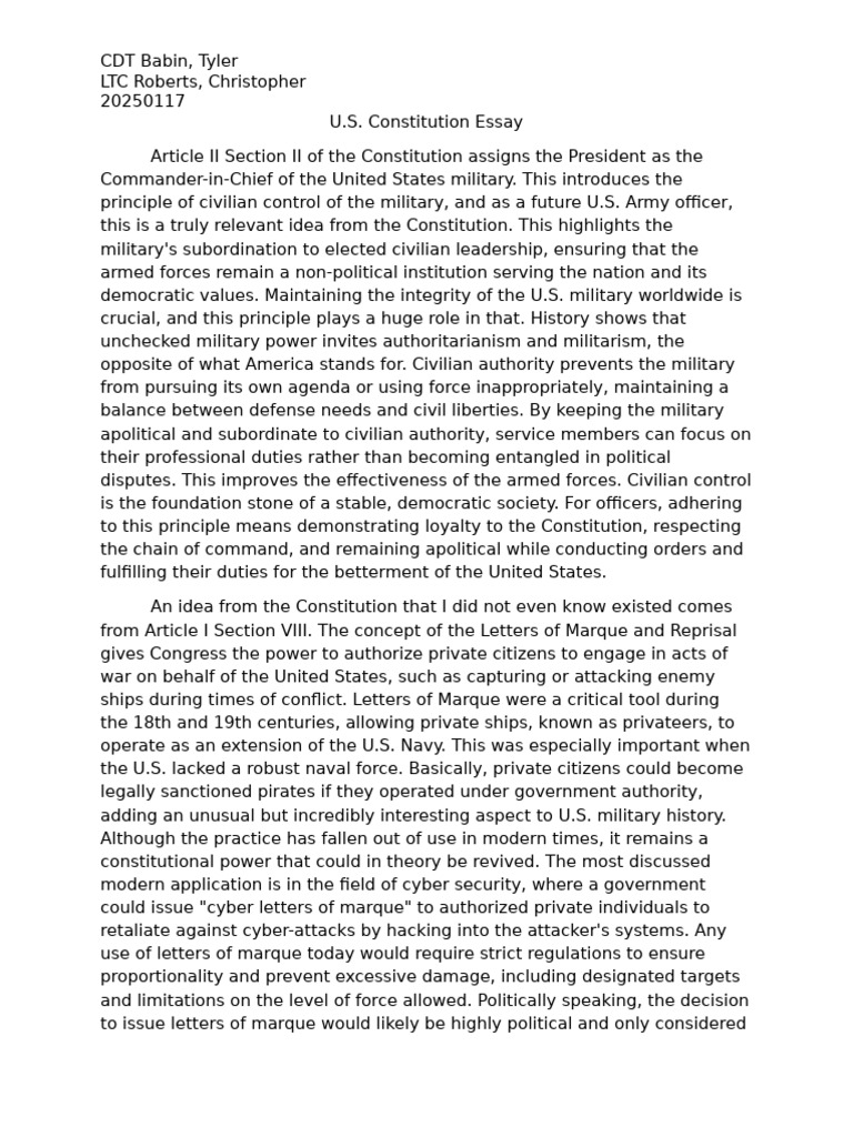 U.S. Constitution Essay | PDF | Political Science | Government