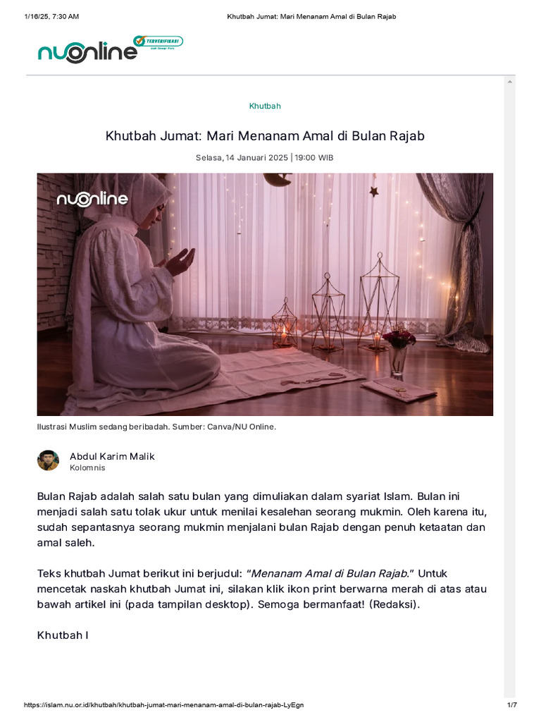 Khutbah Jumat - Mari Menanam Amal Di Bulan Rajab | PDF