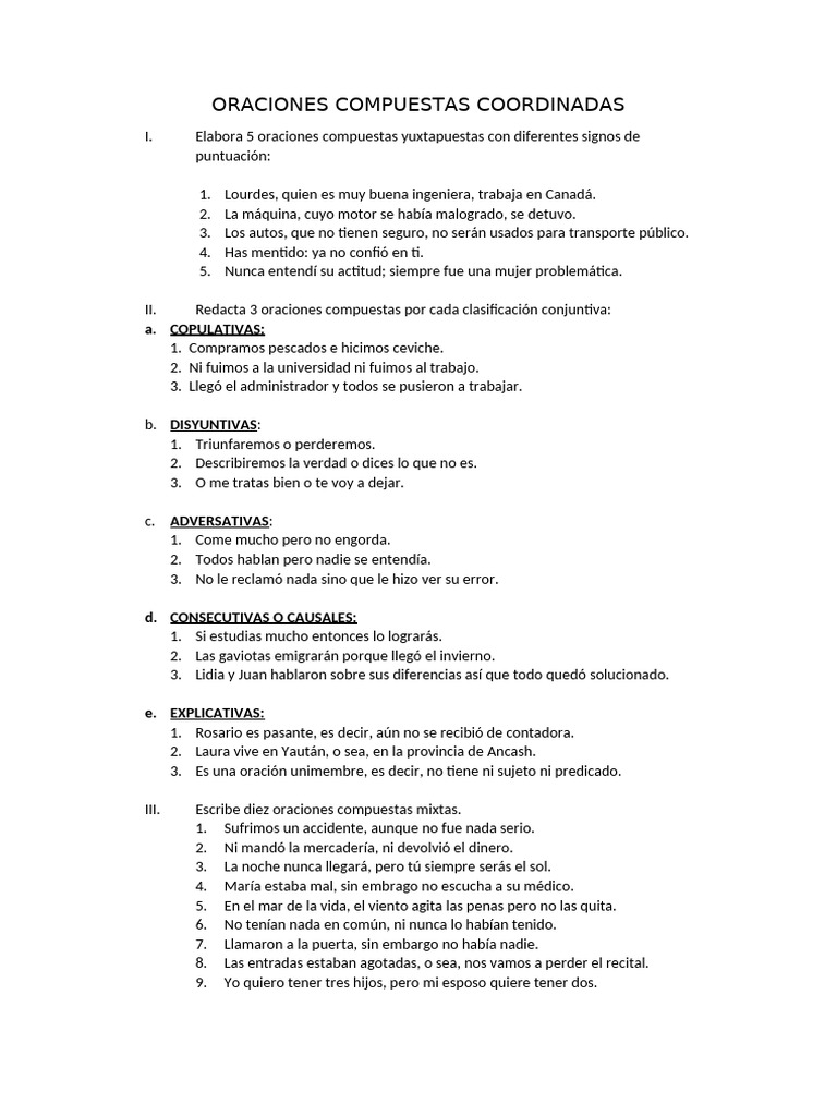Oraciones Compuestas Coordinadas | PDF | Sintaxis | Gramática