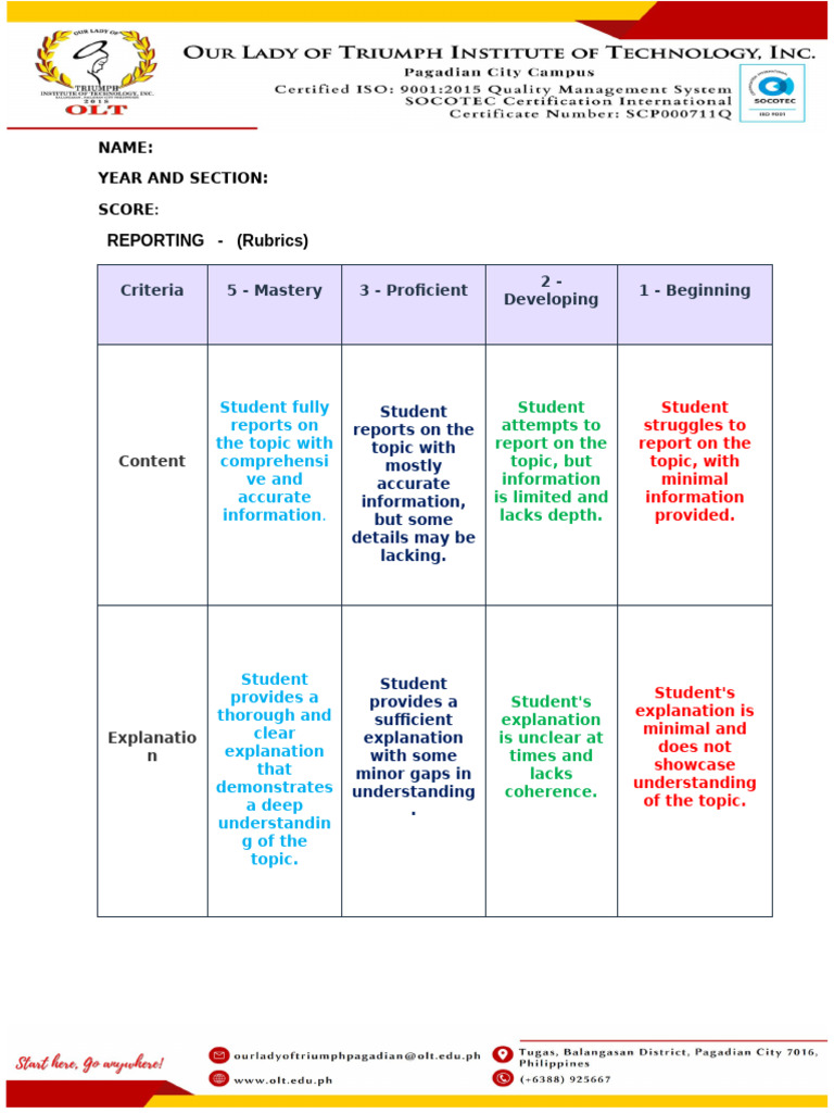 Rubrics For Reporting | PDF