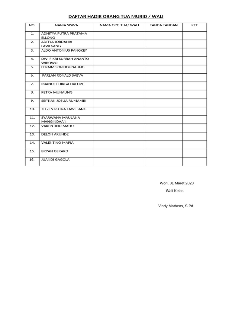 DAFTAR HADIR ORANG TUA MURID | PDF