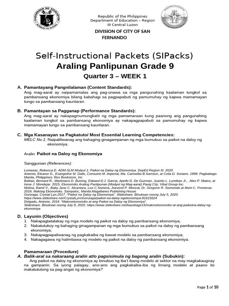 Self-Instructional Packets (Sipacks) : Araling Panlipunan Grade 9 | PDF