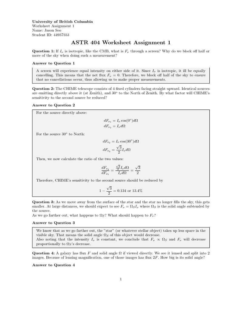 ASTR 404 - Worksheet 1 - Jason Seo | PDF | Stars | Angle