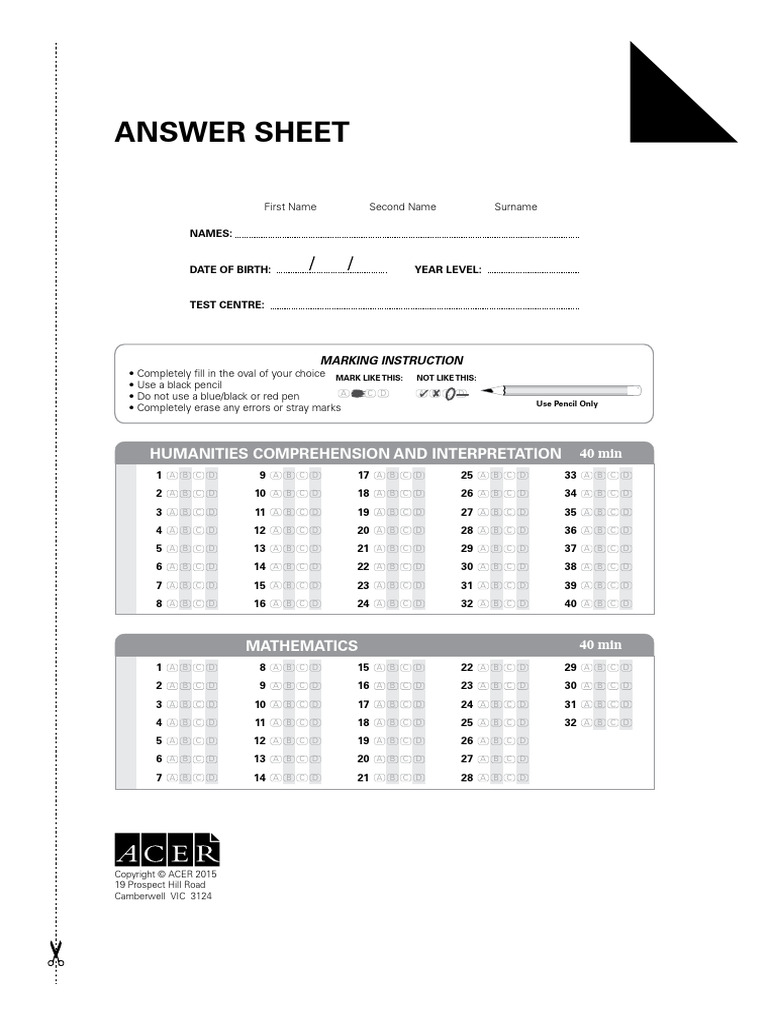 ACER - Scholarships - Secondary Answer Sheet | PDF | Writing Implements ...
