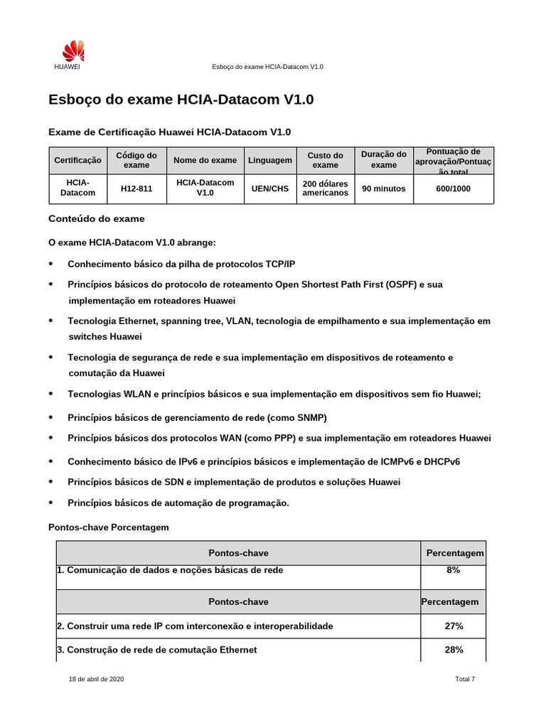 Guia do Exame Huawei HCIA-Datacom V1.0 | PDF | Rede de computadores | Suíte de protocolo de internet