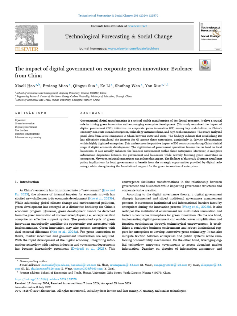 Technological Forecasting Social Change: Xiaoli Hao, Erxiang Miao ...