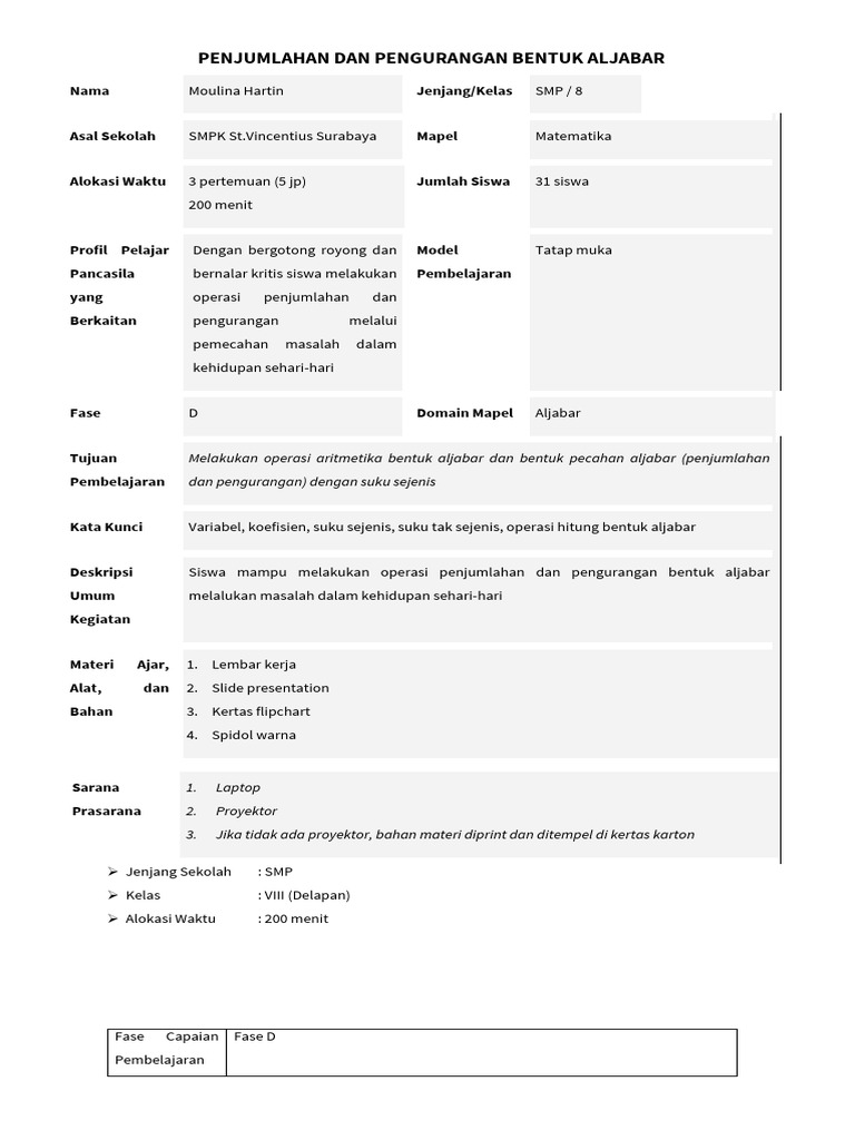 Modul Ajar Aljabar 8 2324 | PDF