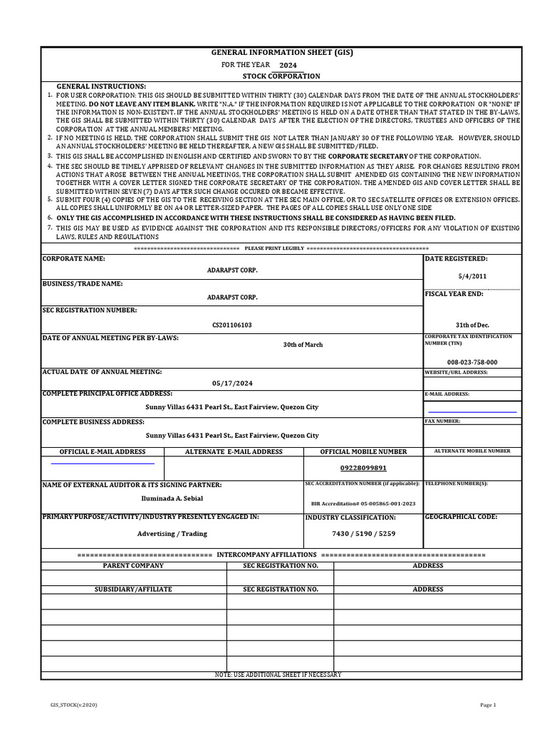 Adarapst Gis 2024 Scanned | PDF | Securities (Finance) | Stocks