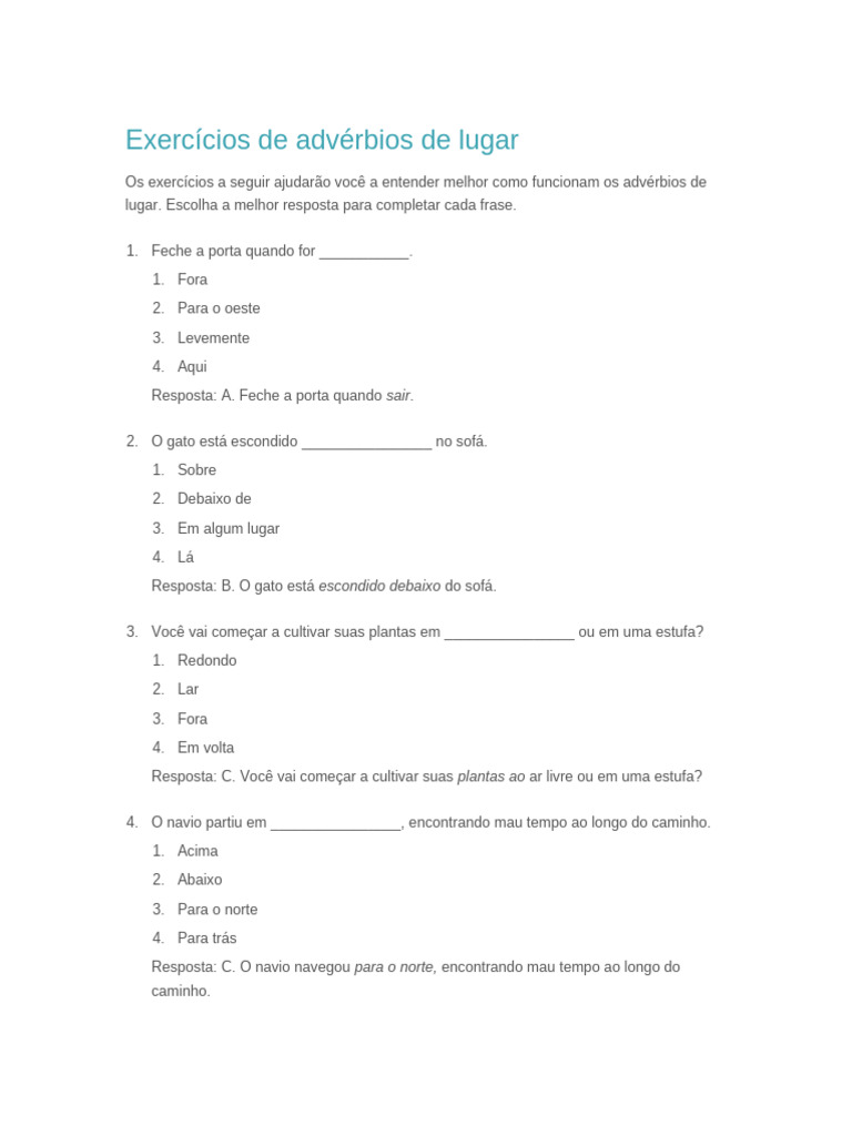 Exercícios sobre Advérbios de Lugar | PDF | Palavra | Assunto (gramática)