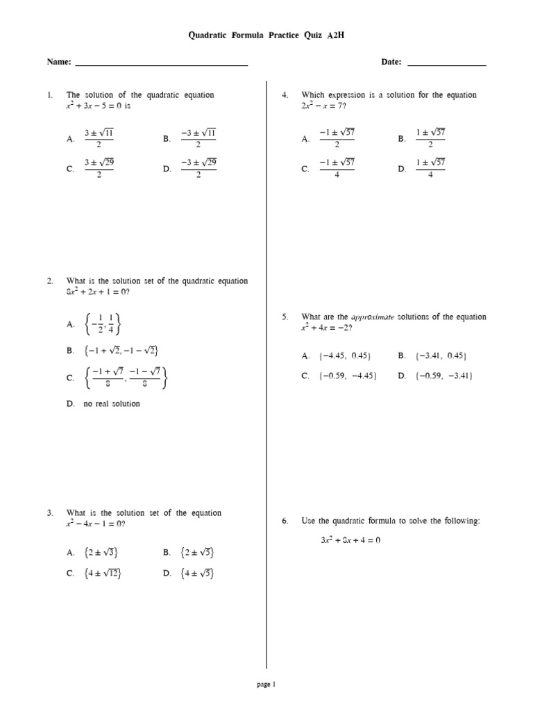 Quadratic Formula Practice Quiz | PDF | Quadratic Equation | Mathematics