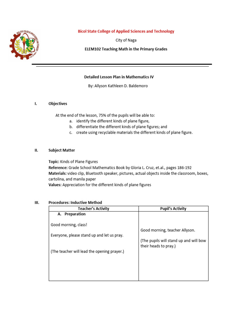 Detailed Lesson Plan in Mathematics 4 | PDF | Rectangle | Triangle