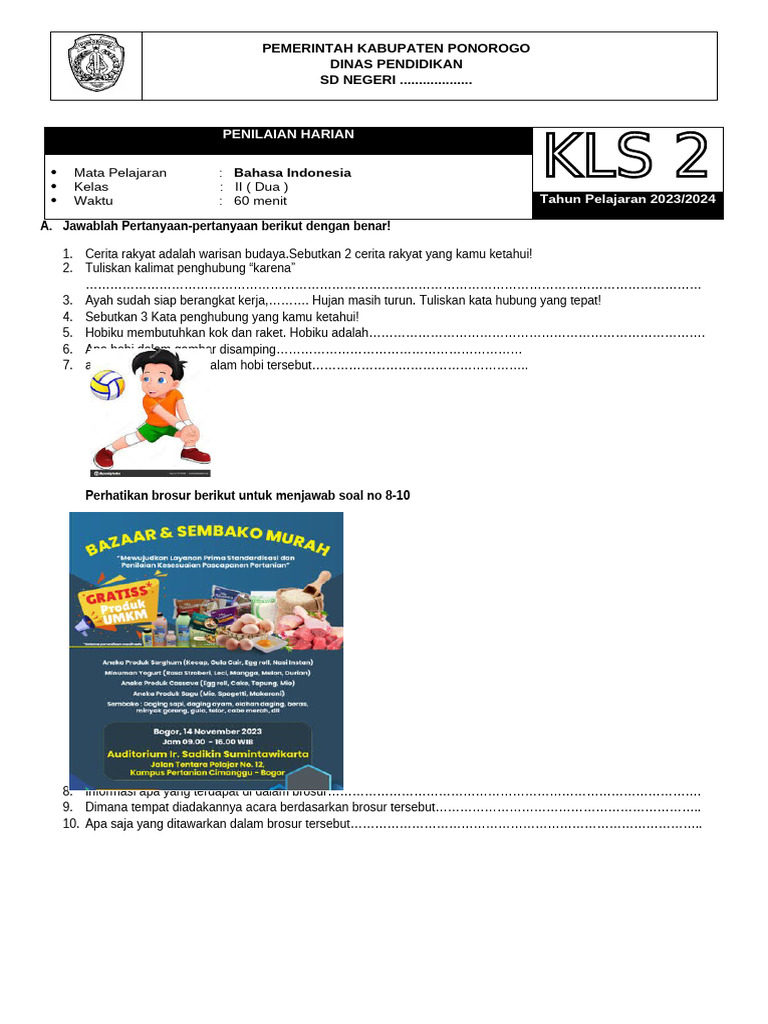 Soal Ulangan Harian Kelas 2 TP23-24 | PDF