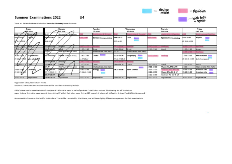 School Exam Timetables 2022 - U4 | PDF