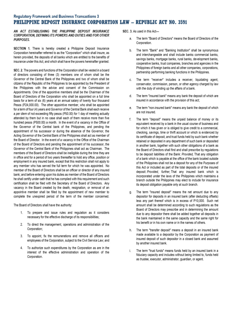 5.1 PDIC Law | PDF | Banks | Deposit Account